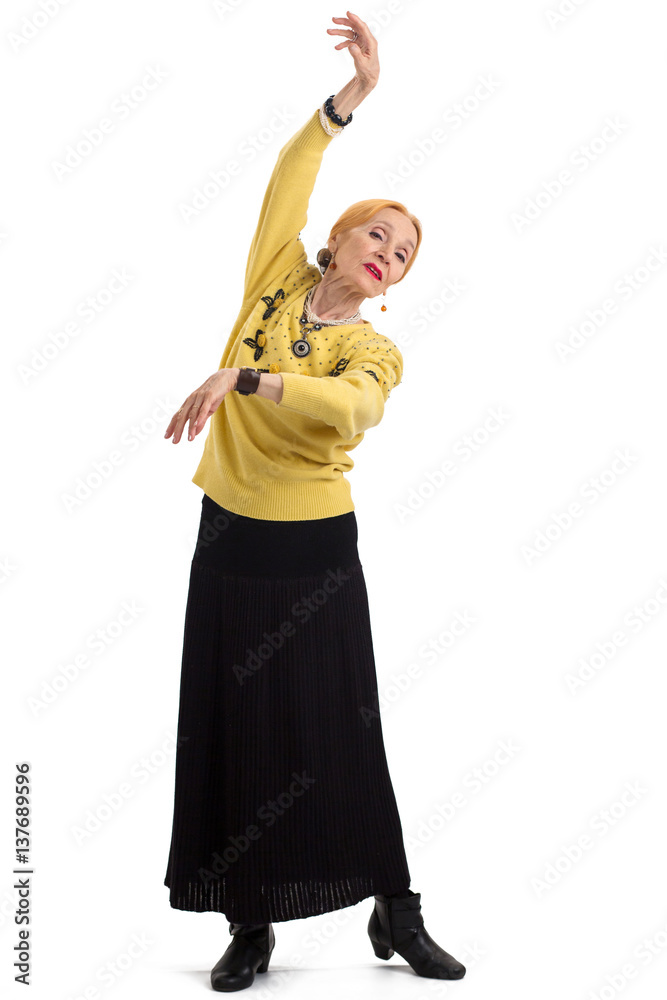 Dancing elderly woman isolated. Old lady on white background. Grace in ...