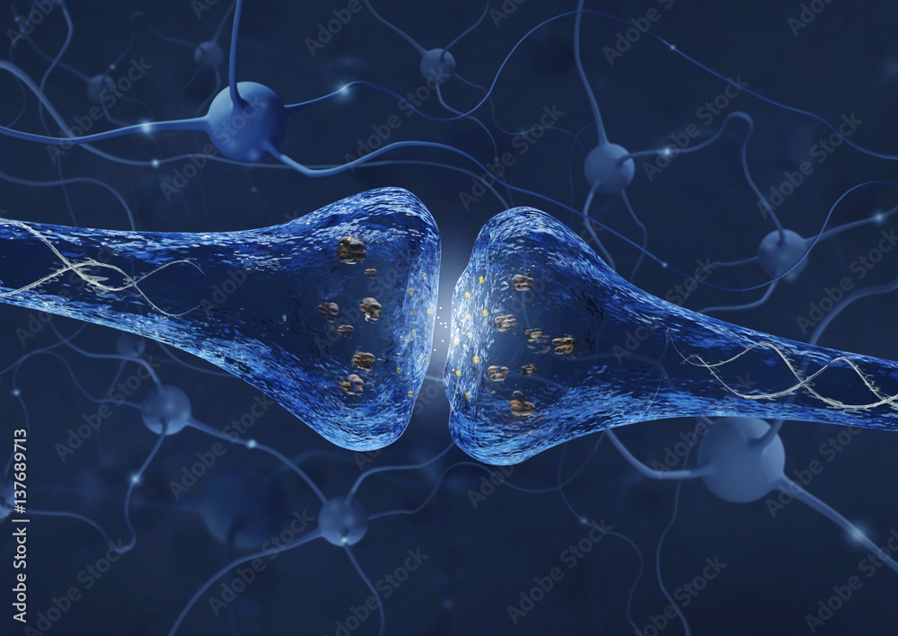 Synapse process over neuron connection background - 3D rendered image ...