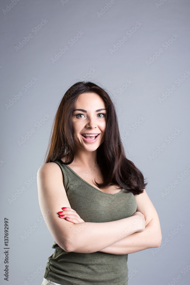 Cheerful female model joyful. Stock 写真 | Adobe Stock