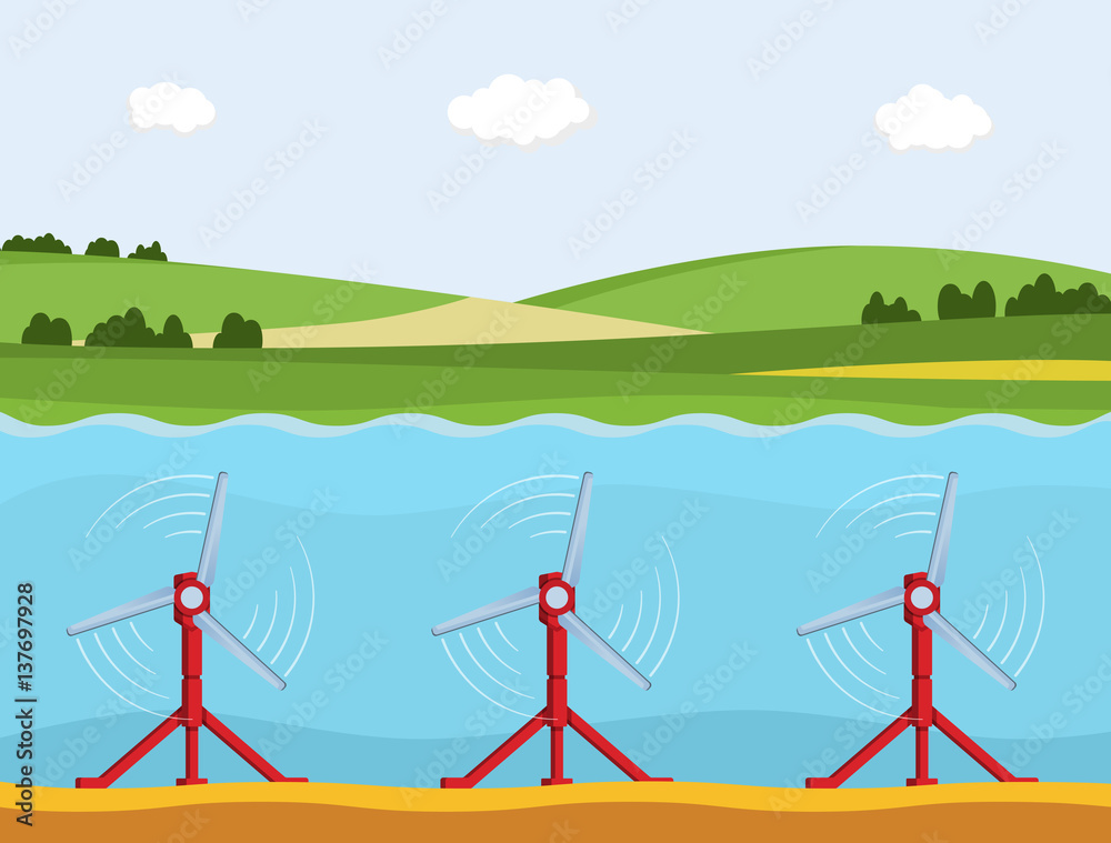 Tidal power station. Flat style cartoon tidal tower station. Innovation ...