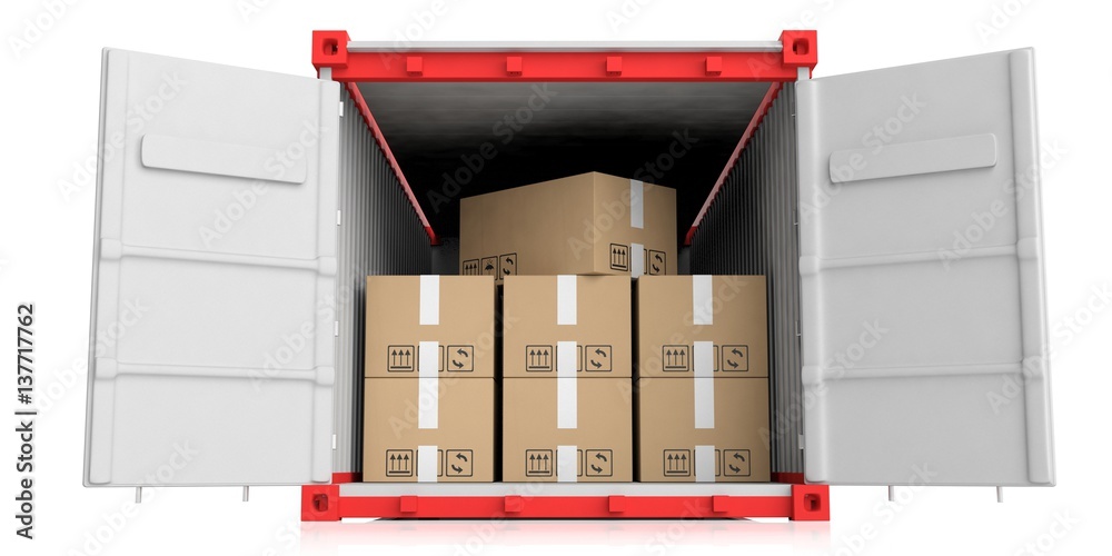 Container and moving boxes on white background. 3d illustration Stock ...