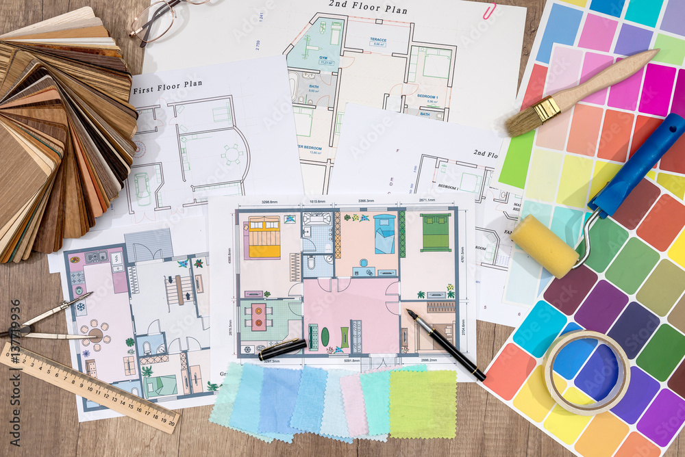 design concept with material laminate sample and house plan blueprints ...
