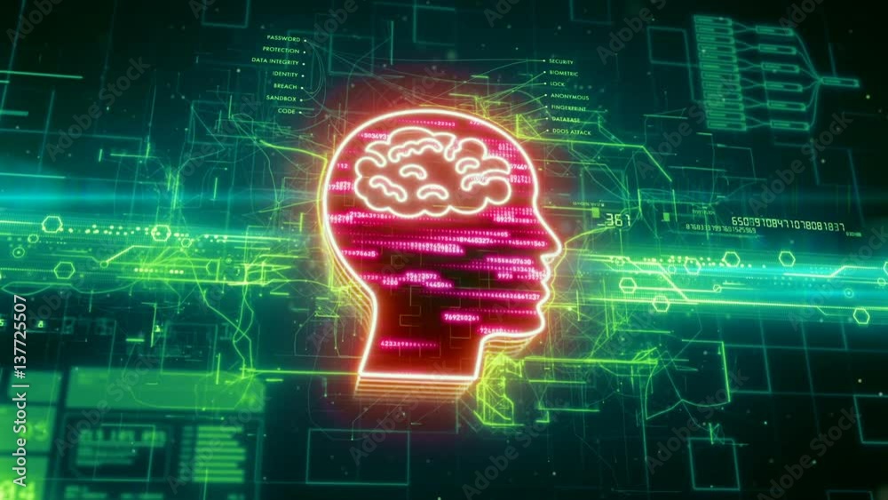 Abstract animation of human head with brain inside in digital ...