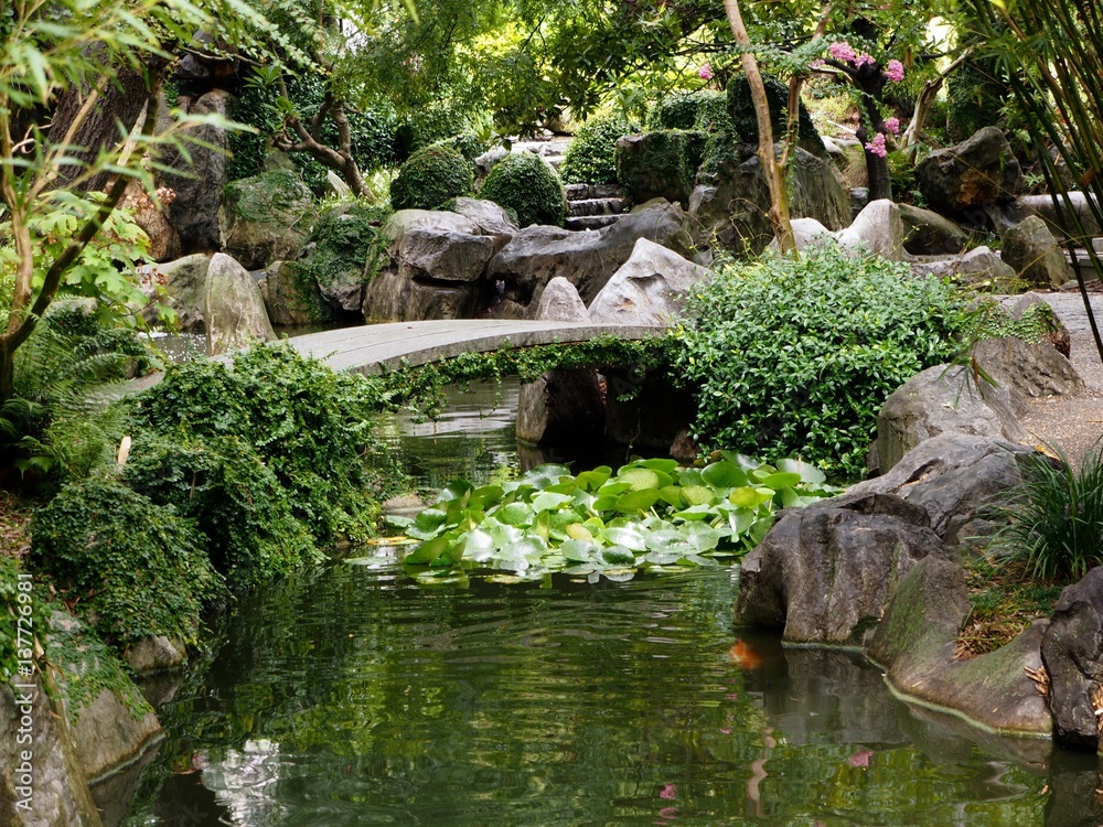 Curved Stone Bridge Over Reflective Pond with Waterlilies & Wonderful ...