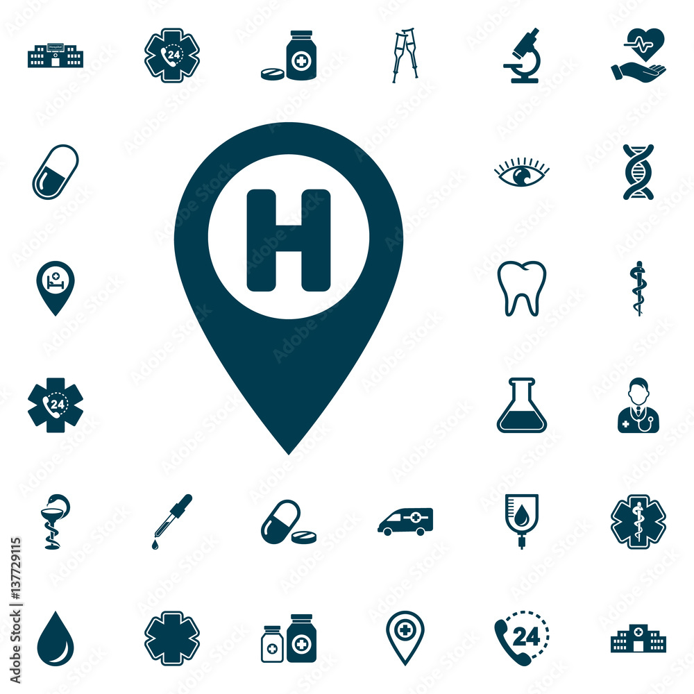 Hospital location icon, medical set on white background. Vector ...
