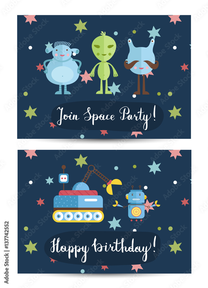 Happy birthday cartoon spaces greeting card. Cute laughing star, comets ...
