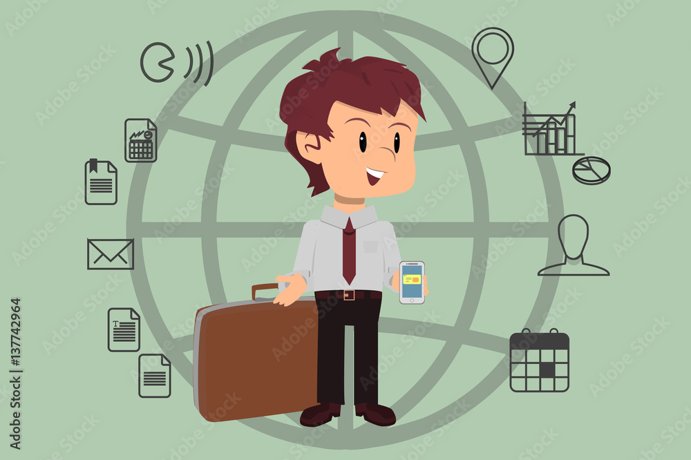 Employee travel with smartphone, stay connected. flat style design ...