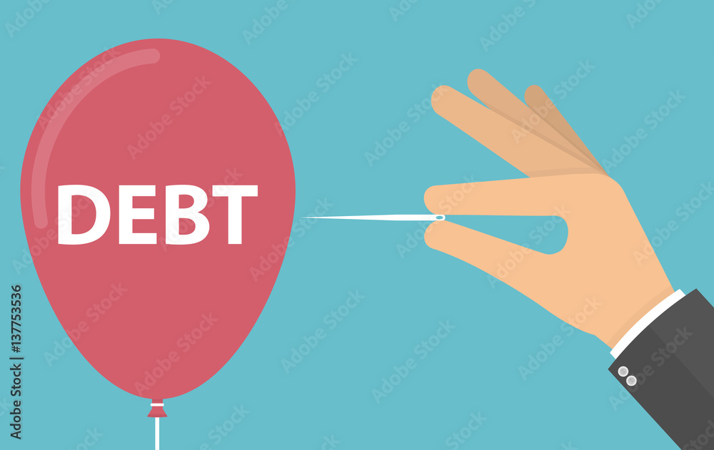 Getting rid of debt concept. Hand pricking red balloon with debt text ...