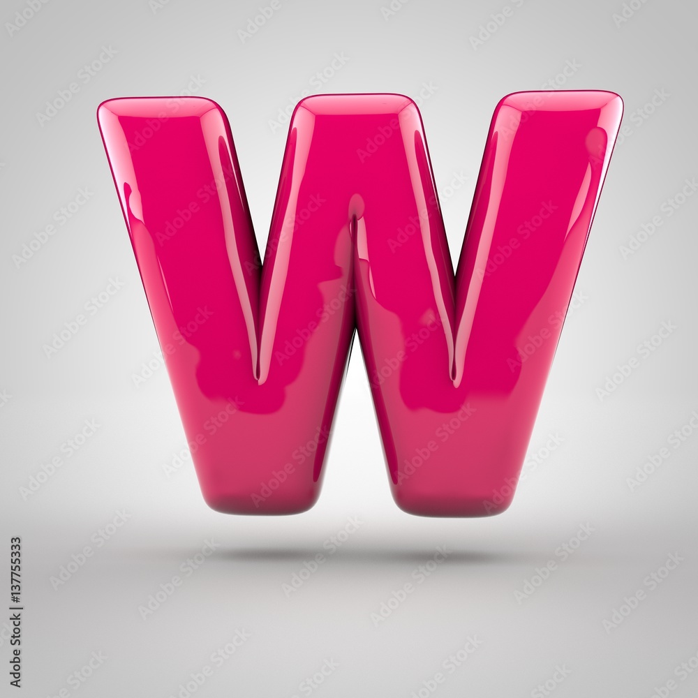 Glossy pink paint letter W uppercase. 3D render of bubble font with ...