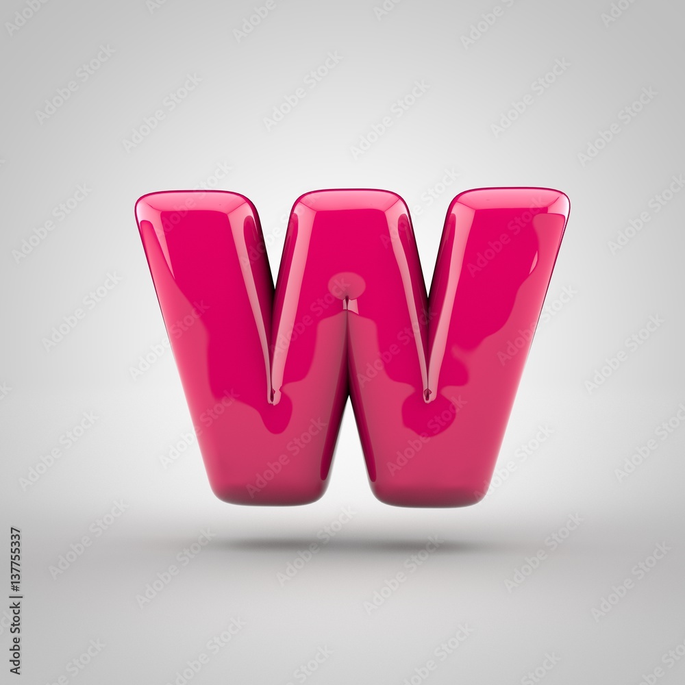 Glossy pink paint letter W lowercase. 3D render of bubble font with ...