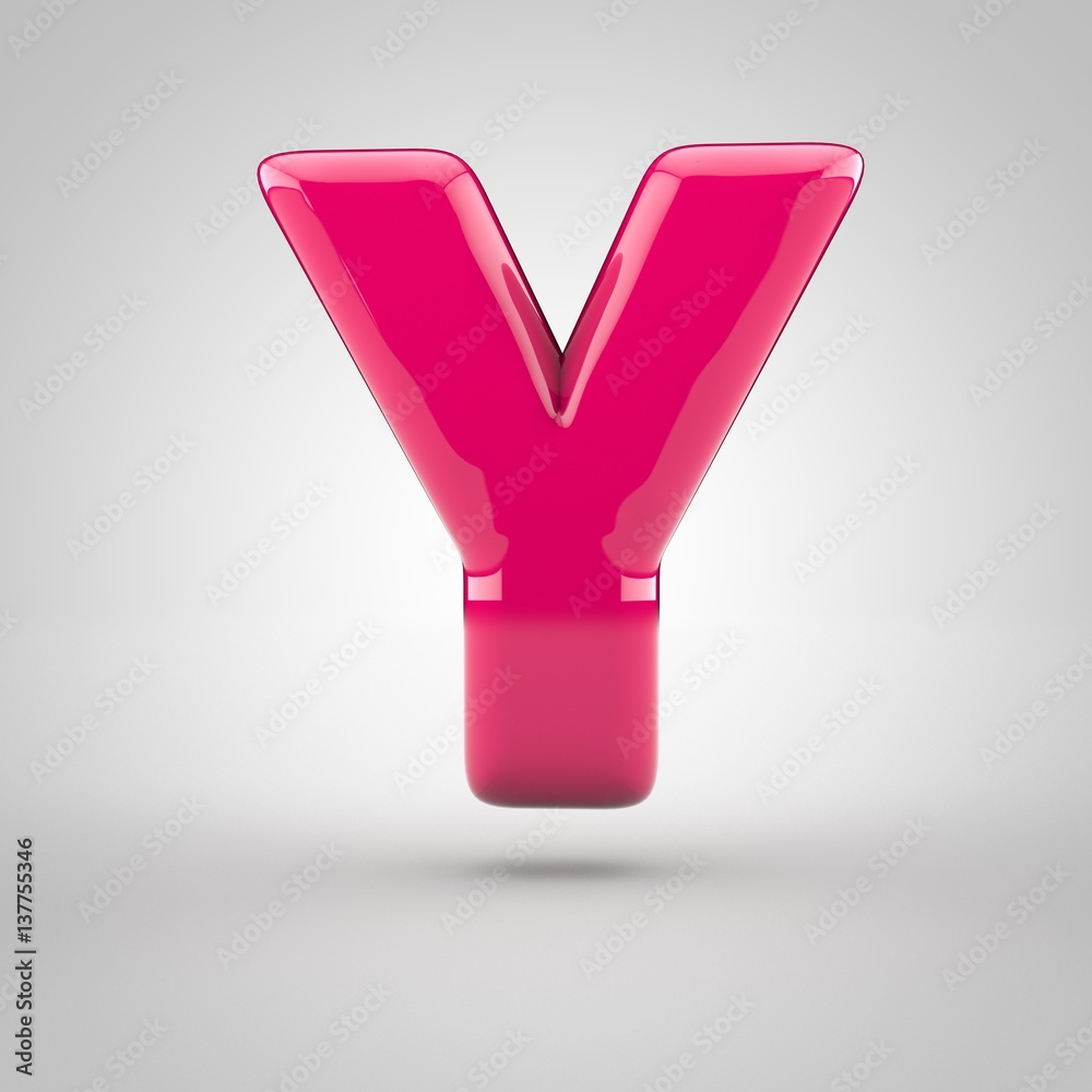 Glossy pink paint letter Y uppercase. 3D render of bubble font with ...