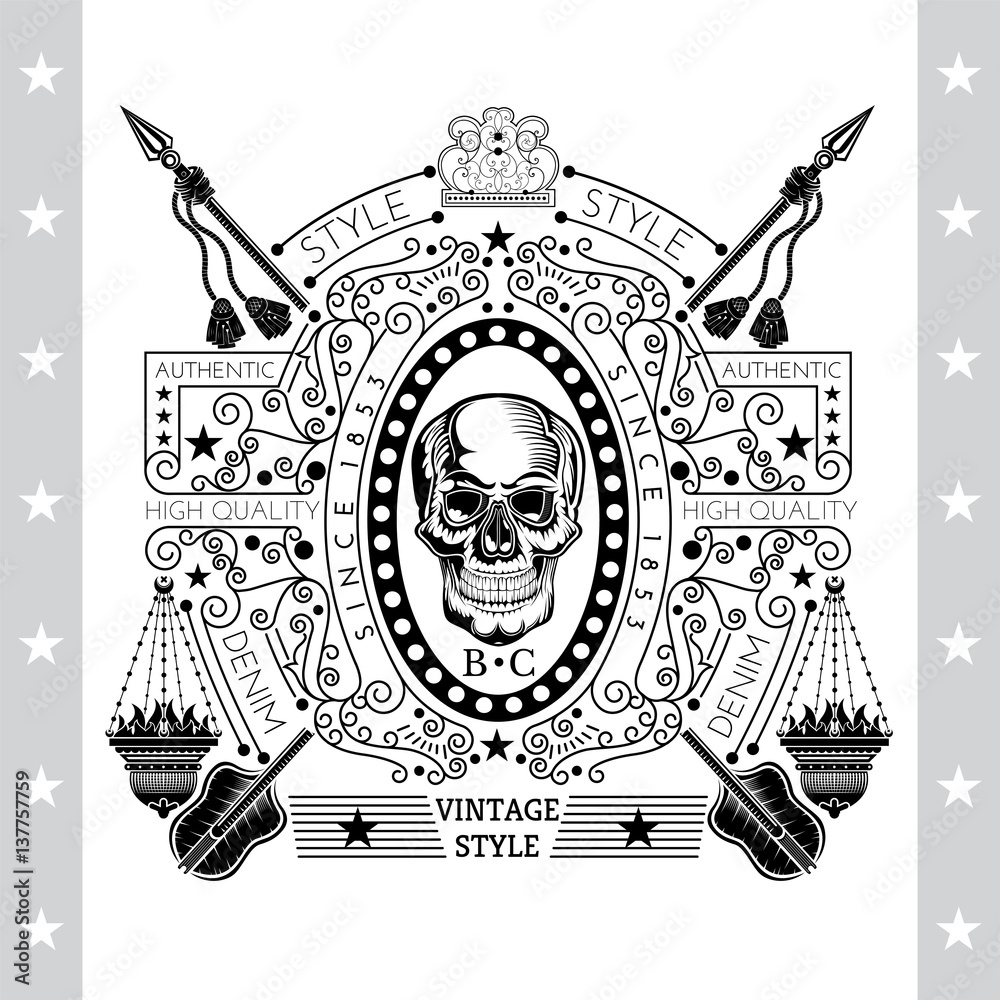 Skull front view in center of line pattern with icon-lamps and cross ...