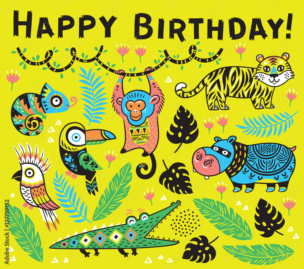 Cute happy birthday card with cartoon animals in the jungle Stock ...