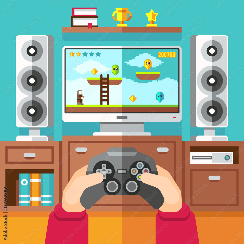 Teenager gaming video game with gamepad and playstation vector ...