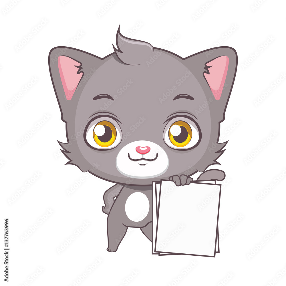 Cute gray cat character holding blank pieces of paper Stock Vector ...
