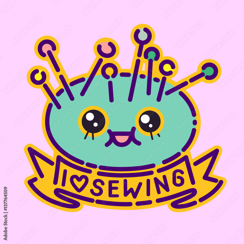 Needles pillow badge, cute kawaii flat design style sign, dressmaker ...