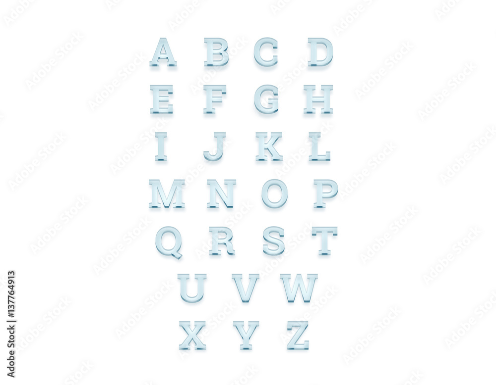 Glass transparent alphabet, front view, 3d rendering. Turquoise letters ...