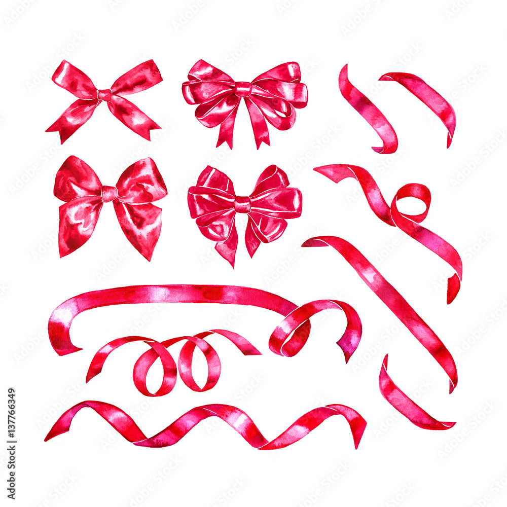 watercolor ribbon and bow illustration, red pink design elements ...