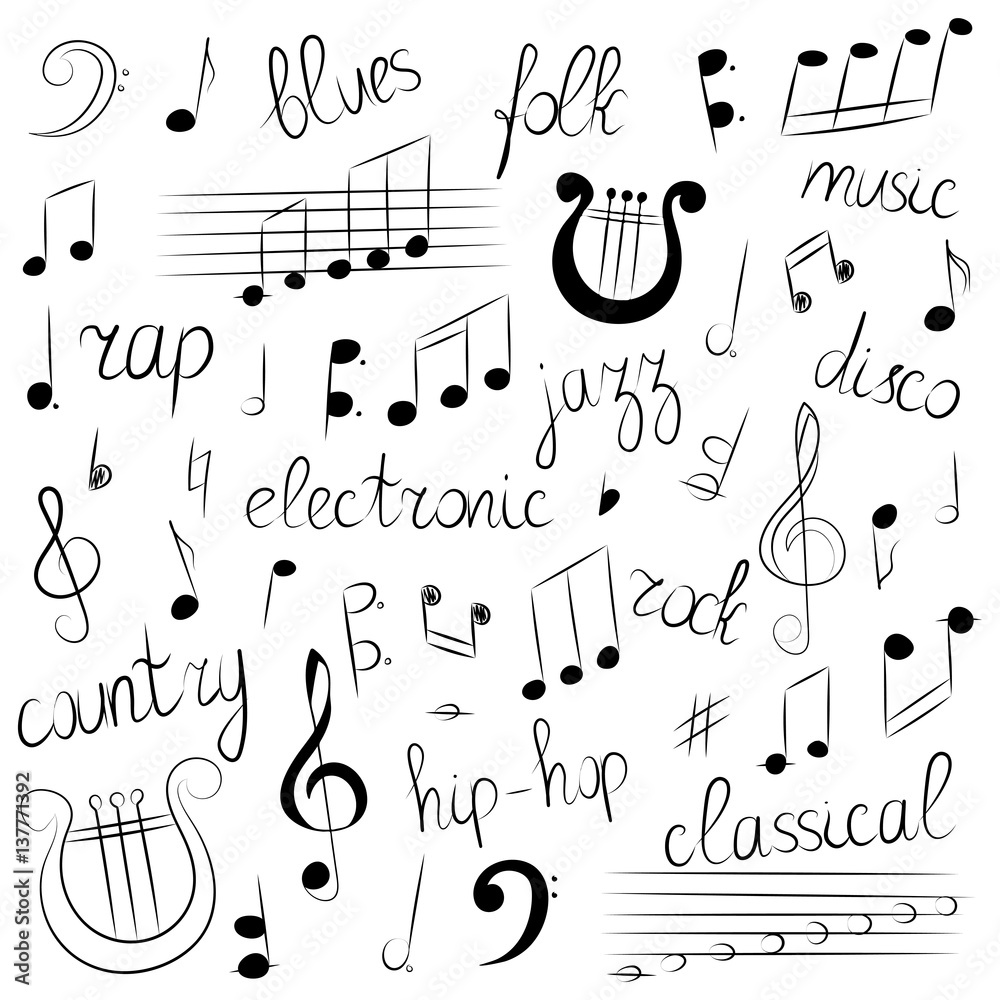 Hand Drawn Set Of Music Symbols And Styles Doodle Treble Clef Bass hand-drawn-set-of-music-symbols-and-styles-doodle-treble-clef-bass