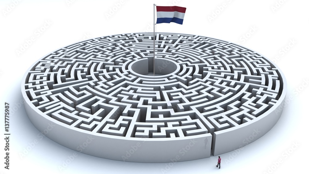 3D illustration of maze with a flag from Netherlands at the center with ...