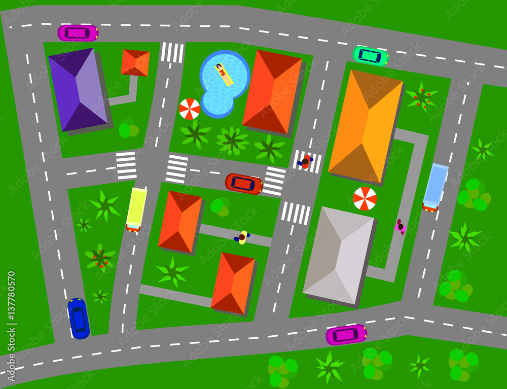 Cartoon map of small town and countryside. Vector illustration. Stock ...