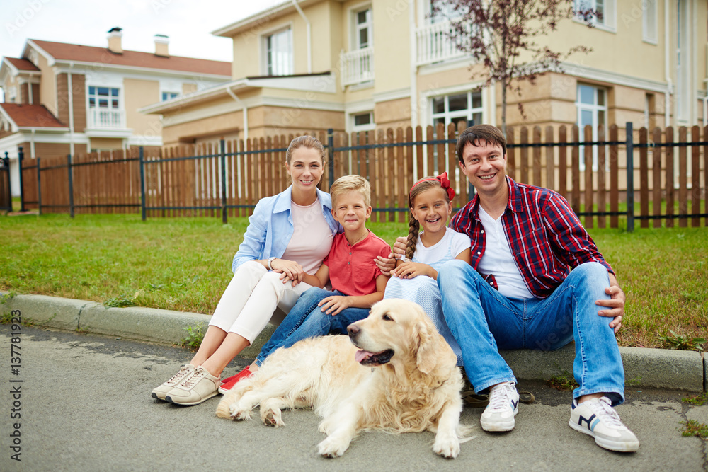 Portrait of happy family with two children, boy and girl, and their ...