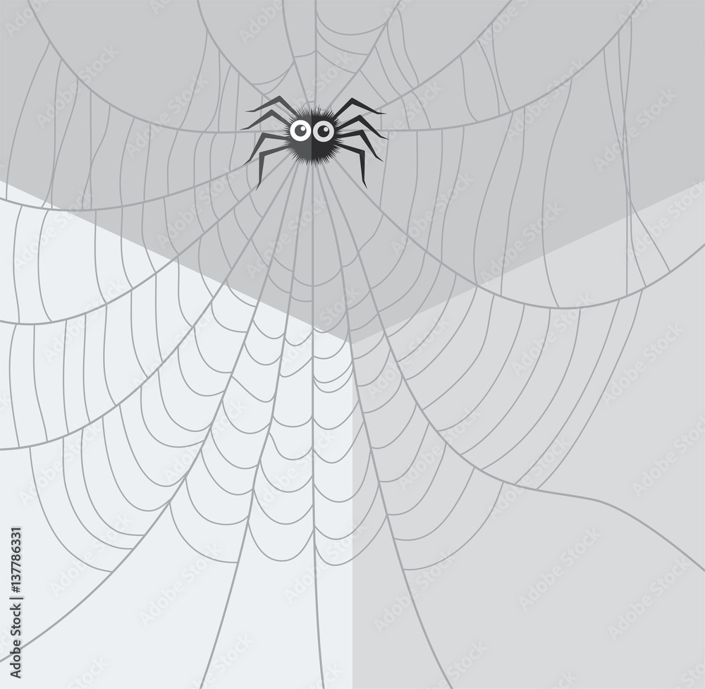 vector cartoon of spider and web network in the corner of the room ...