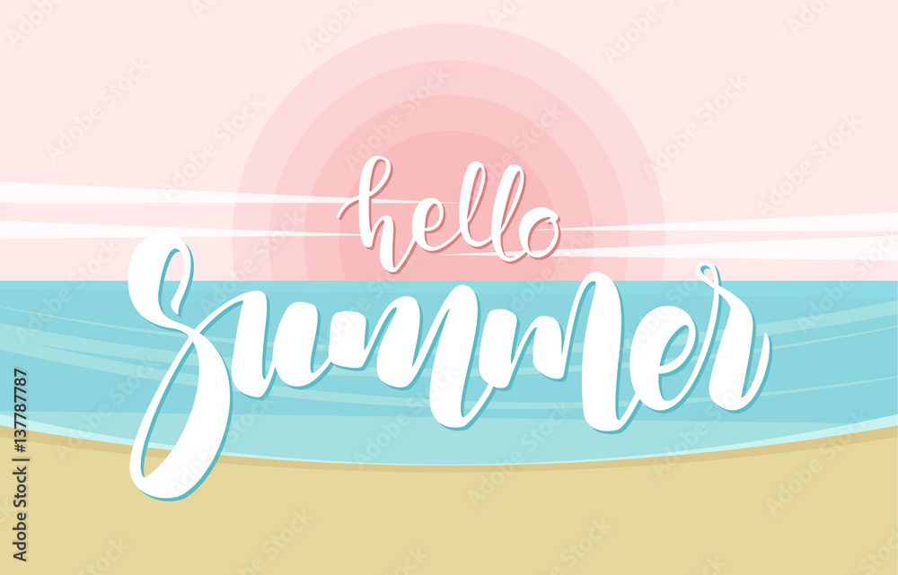 Vector illustration: Handwritten lettering of Hello Summer on ocean ...