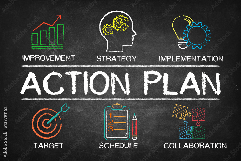 Action Plan chart with keywords and elements on blackboard Stock ...
