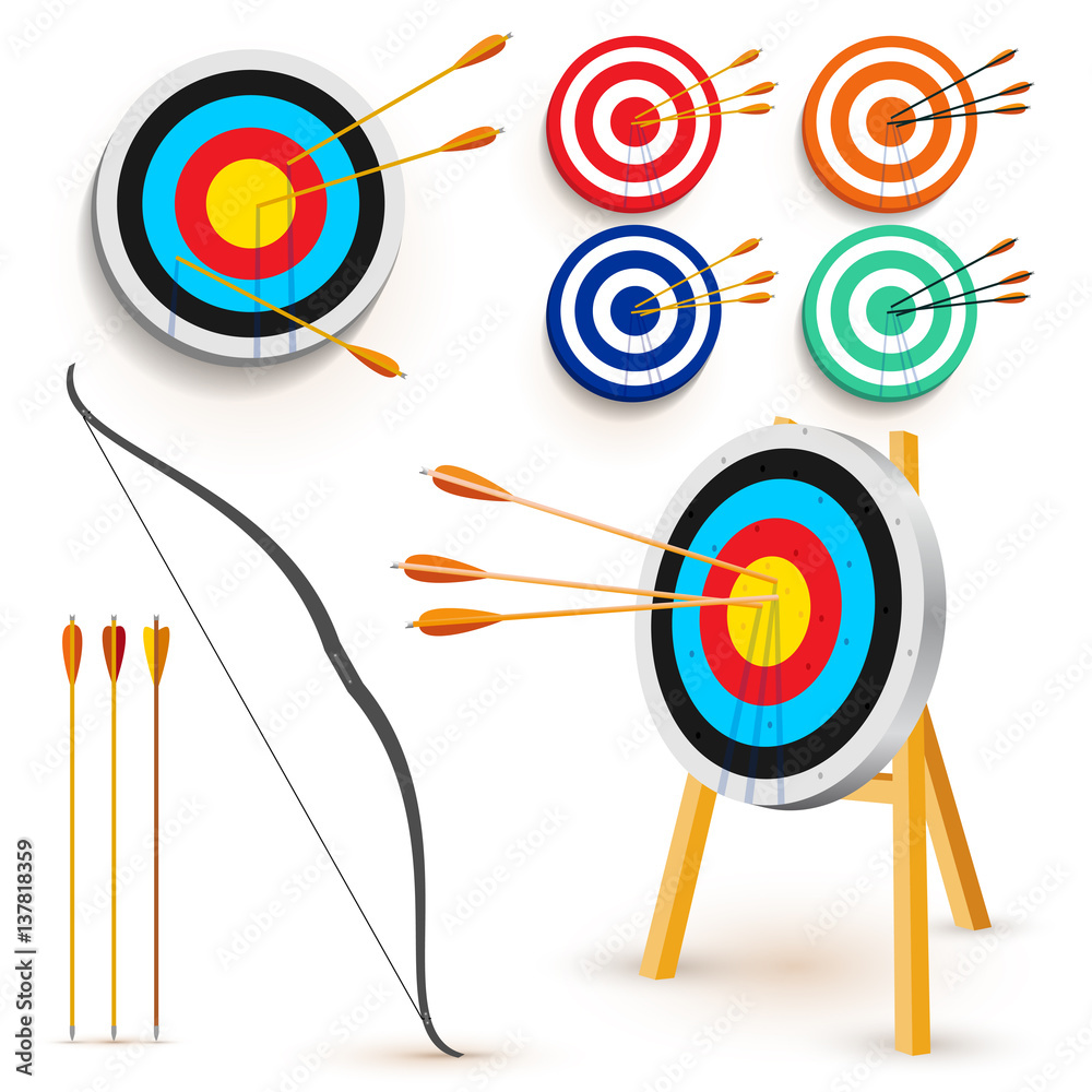 Set of target with 3 arrows. Dart arrow hitting center target on white ...