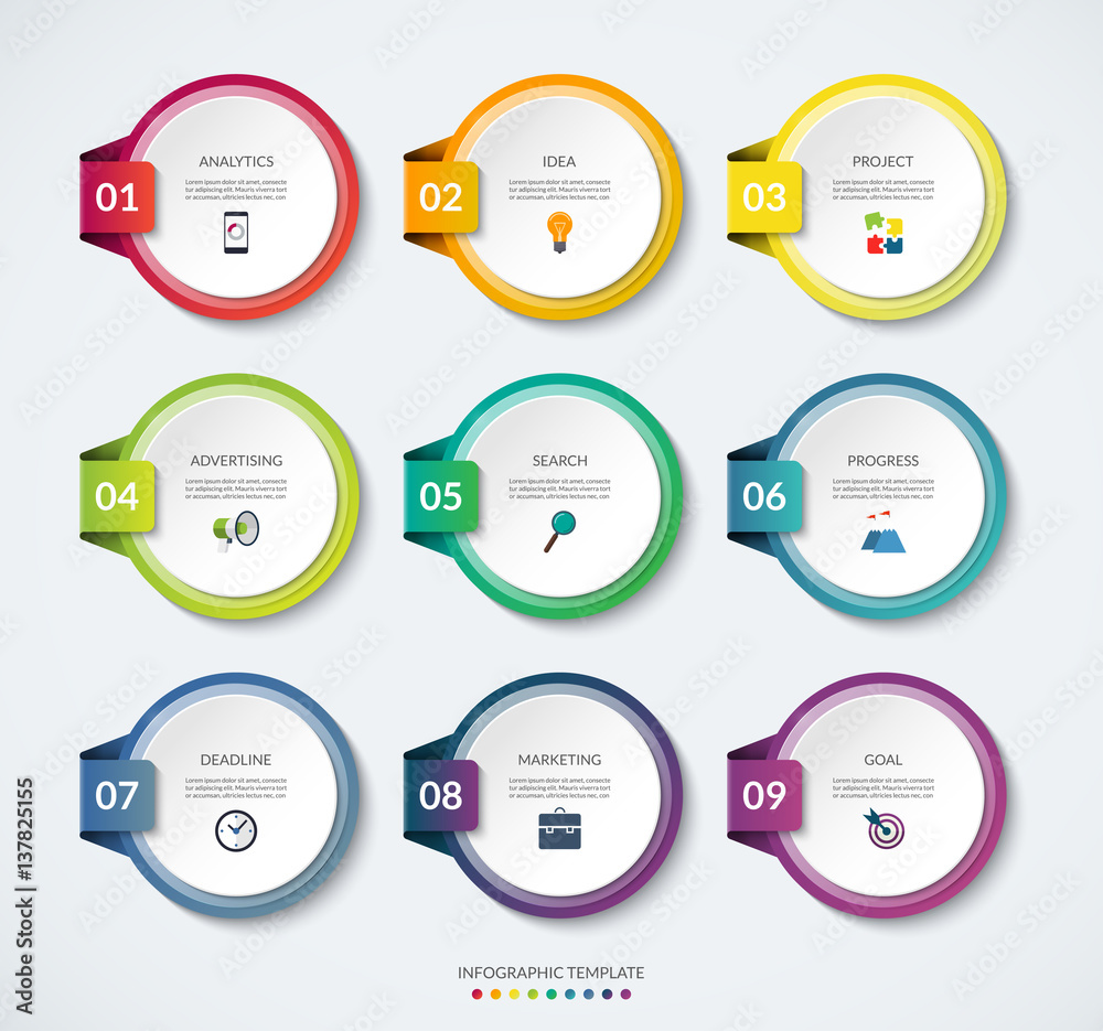 Set of 9 circle templates for infographics. Colorful vector banners ...