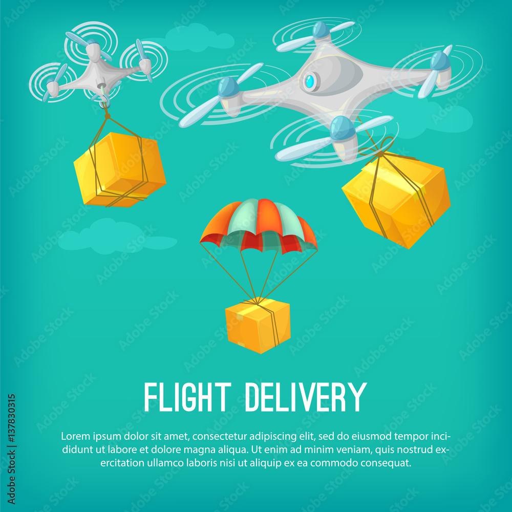 Flight delivery concept. Cartoon vector illustration. Drone and ...