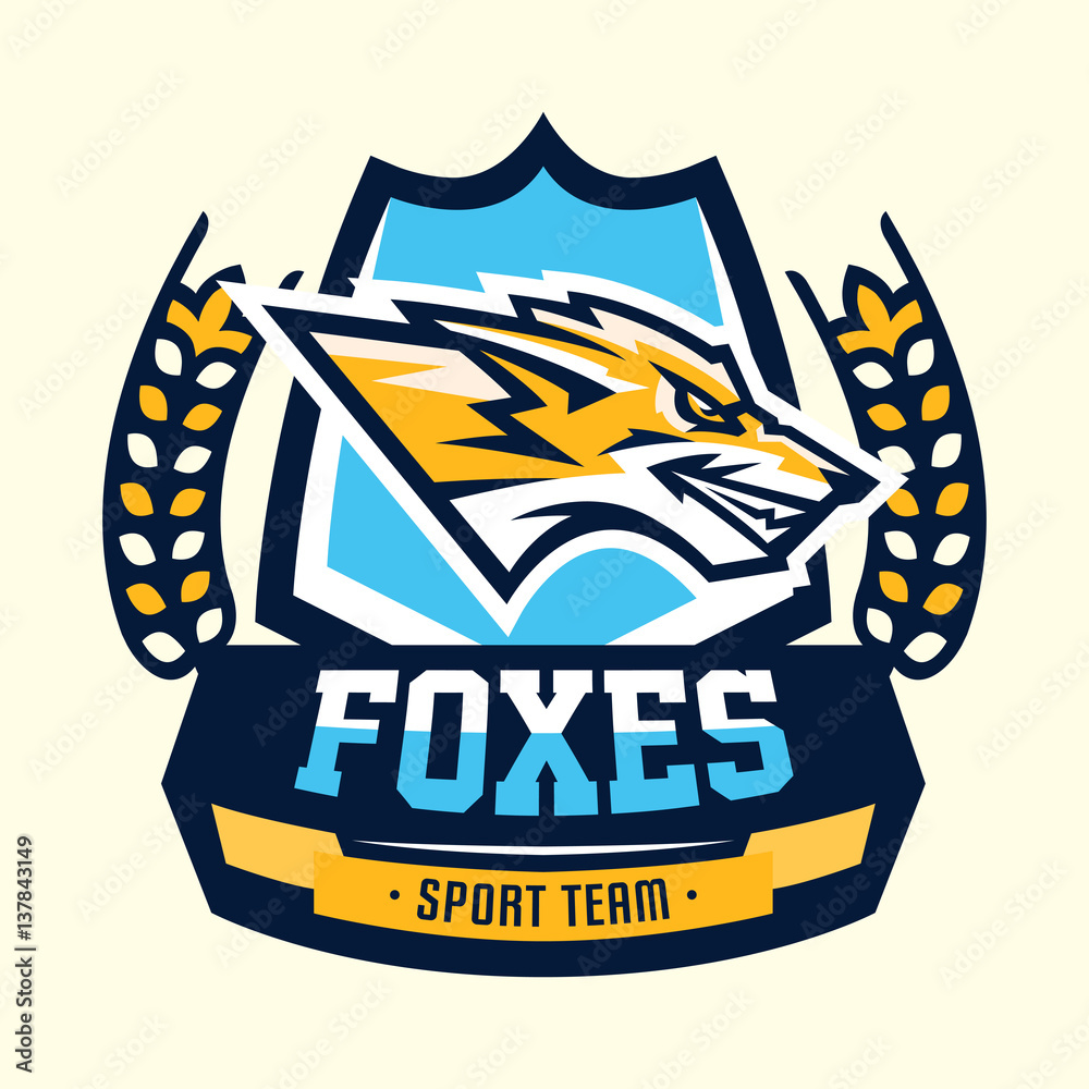 Colourful emblem, logo, sticker, face aggressive fox ready to attack ...