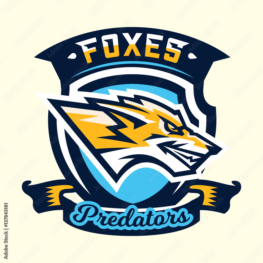 Colourful emblem, logo, sticker, face aggressive fox ready to attack ...