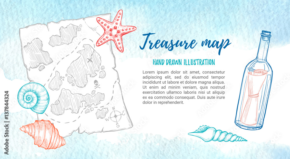 Hand drawn vector illustration - treasure map with sea shells, starfish ...