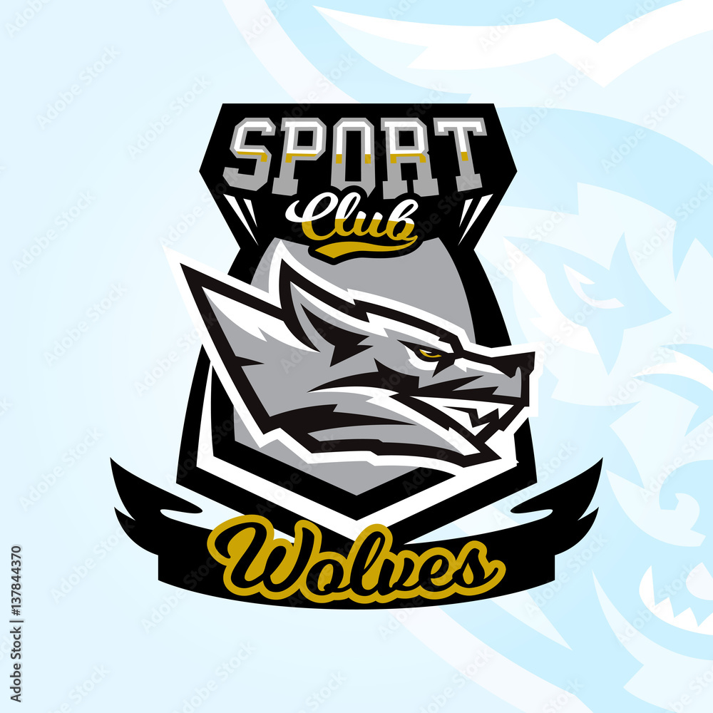 Colourful emblem, logo, sticker, aggressive wolf ready to attack, grin ...