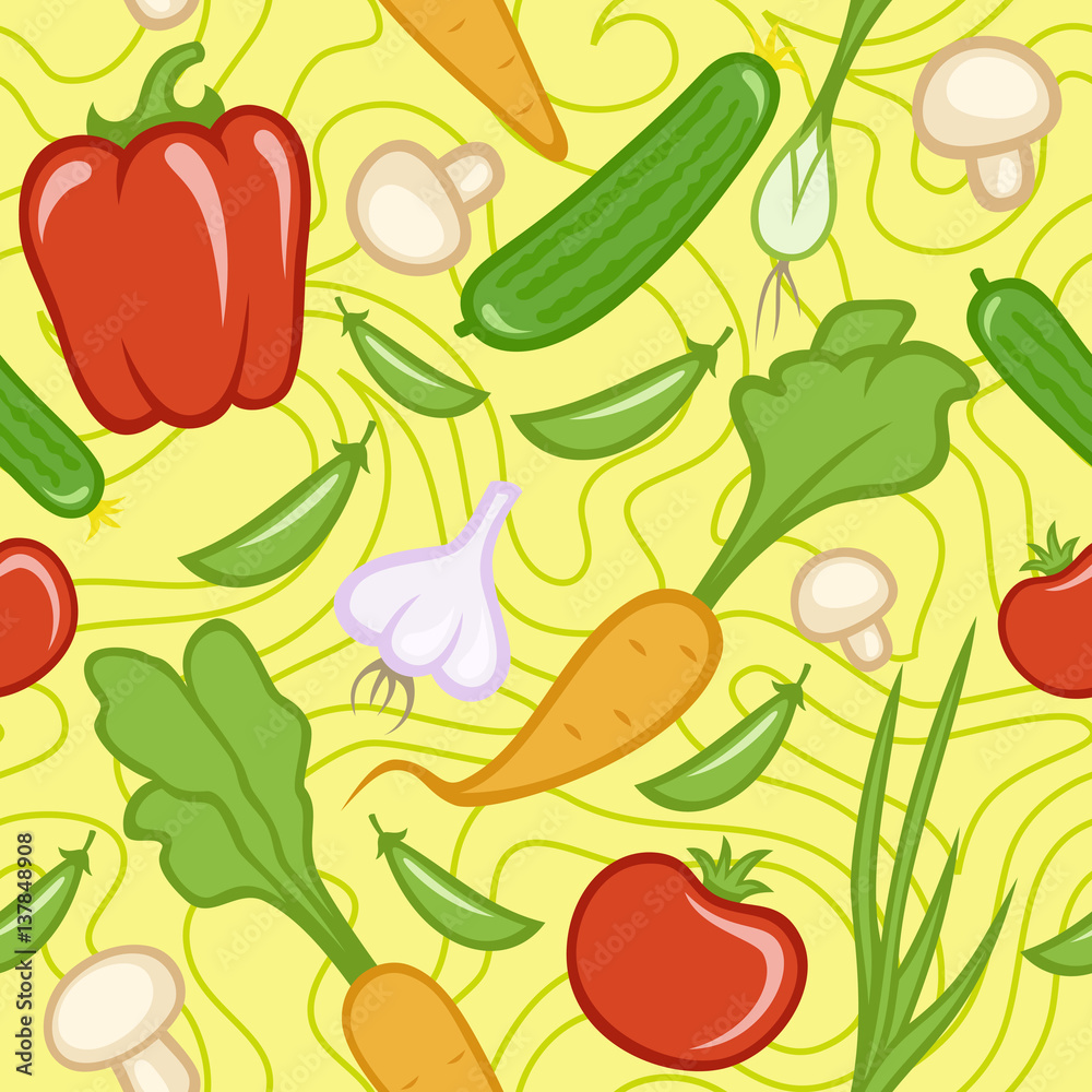Seamless yellow pattern with different fresh vegetables. Vector ...