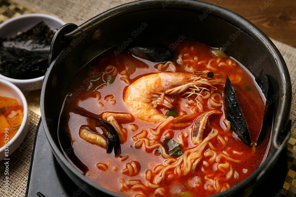 haemul ramyeon. spicy Seafood Ramen Stock Photo | Adobe Stock