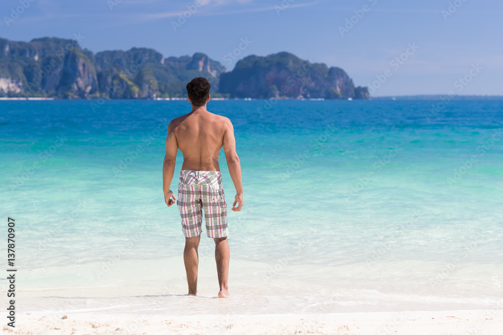 Young Man On Beach Summer Vacation, Guy Standing Back Seaside Blue ...