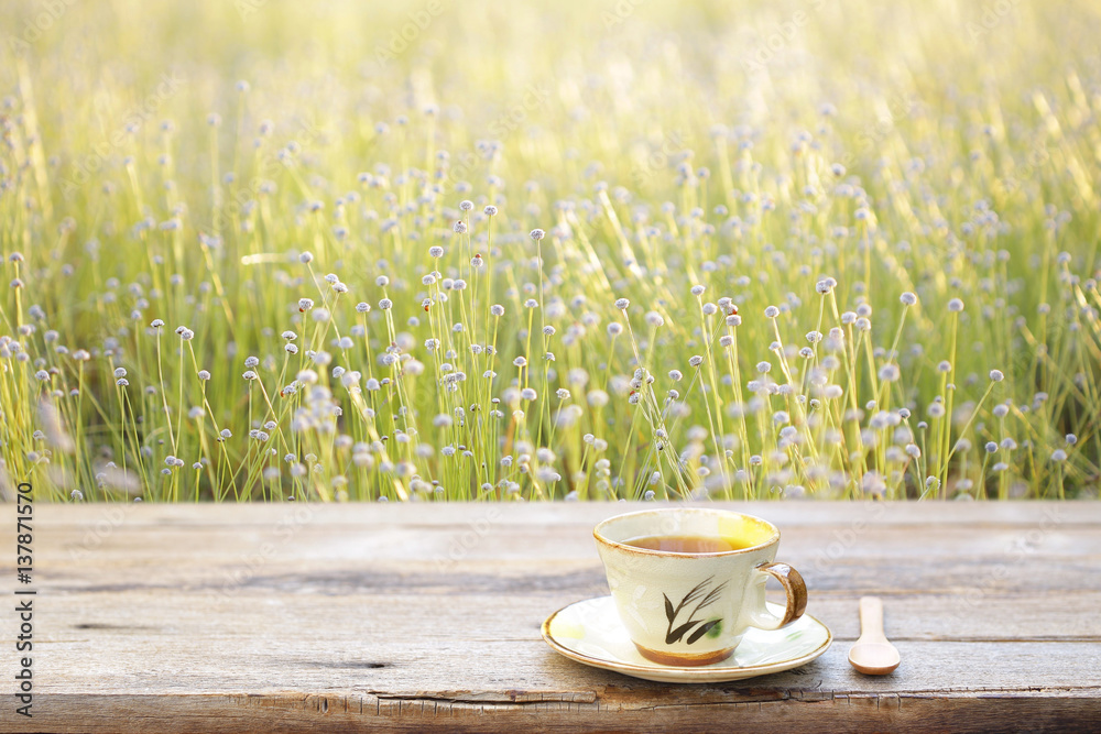 Tea on wooden table at outside Stock Photo | Adobe Stock