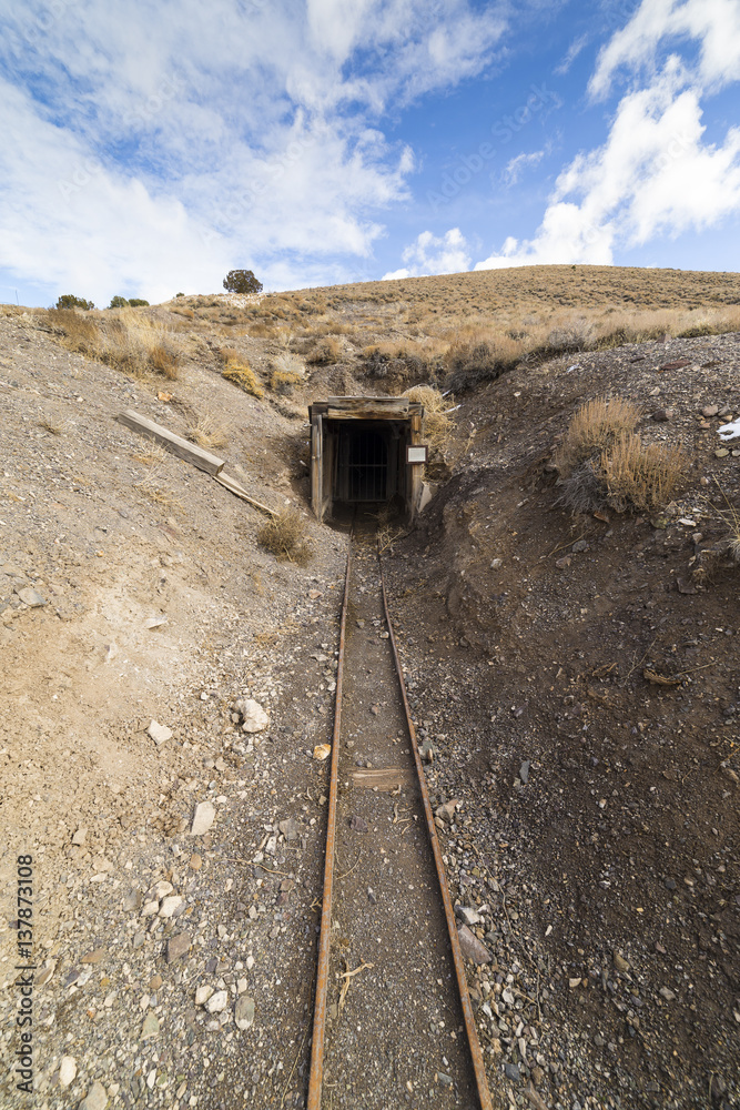 Old abandoned gold mine entrance in the Nevada desert near ghost town ...