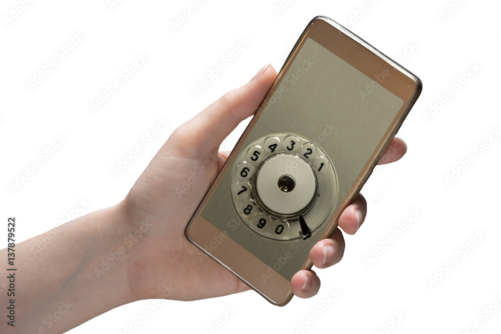 Hand holds mobile phone isolated on white background. The disc for ...
