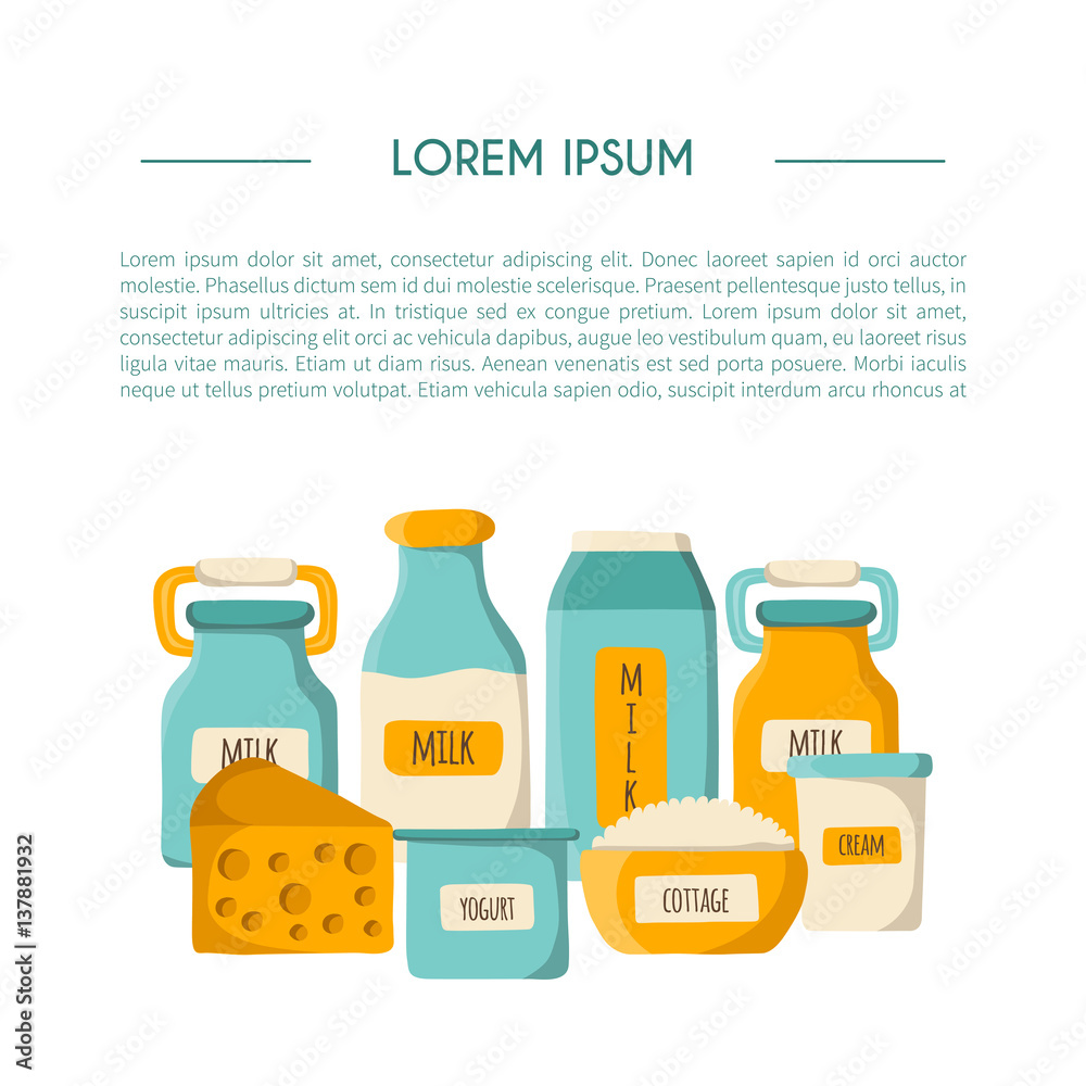 Vector illustration with cartoon milk products background. Milk ...