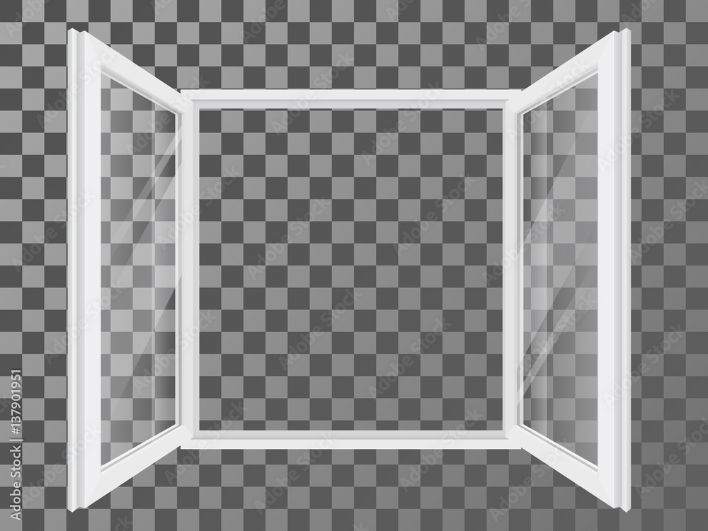 White open double plastic window with transparent and reflective glass ...