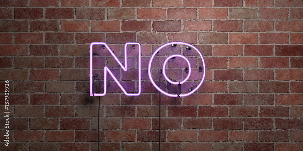 NO - fluorescent Neon tube Sign on brickwork - Front view - 3D rendered ...