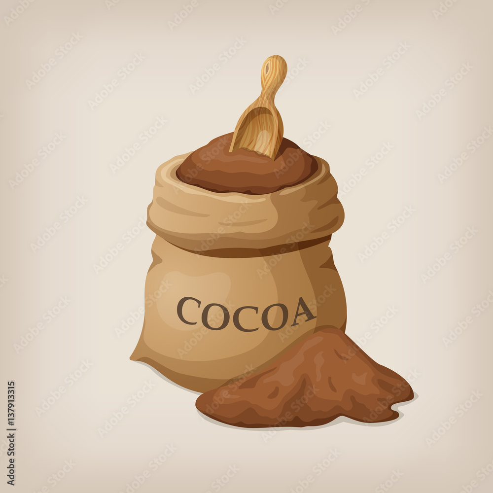 Bag of freshly ground cocoa, cocoa powder wooden spoon. Vector ...