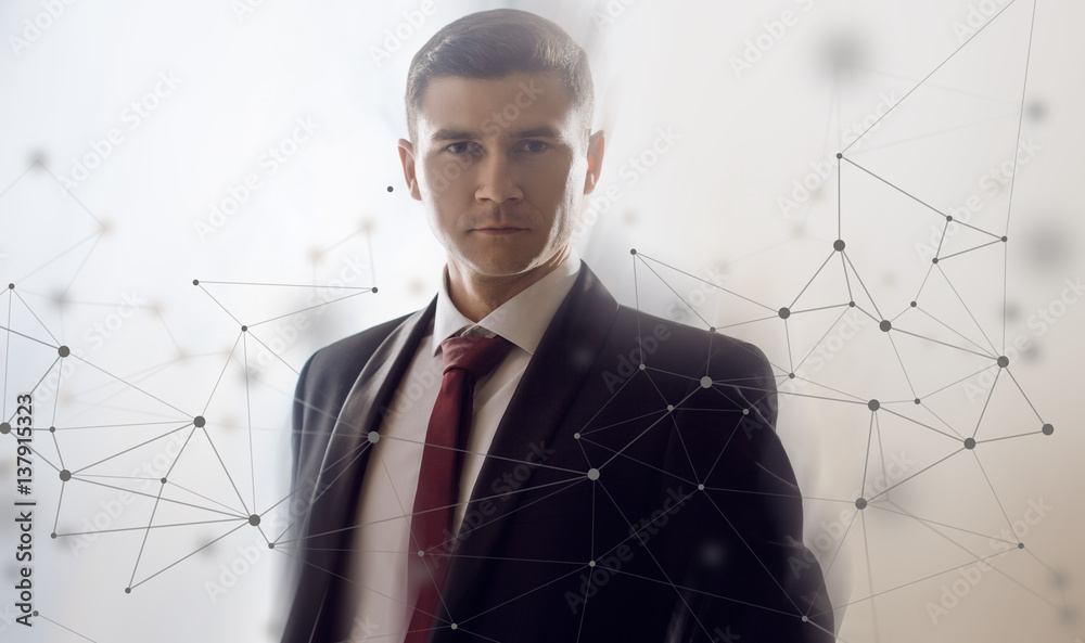 Network. Young man in a suit and tie. Business man, the effect of ...