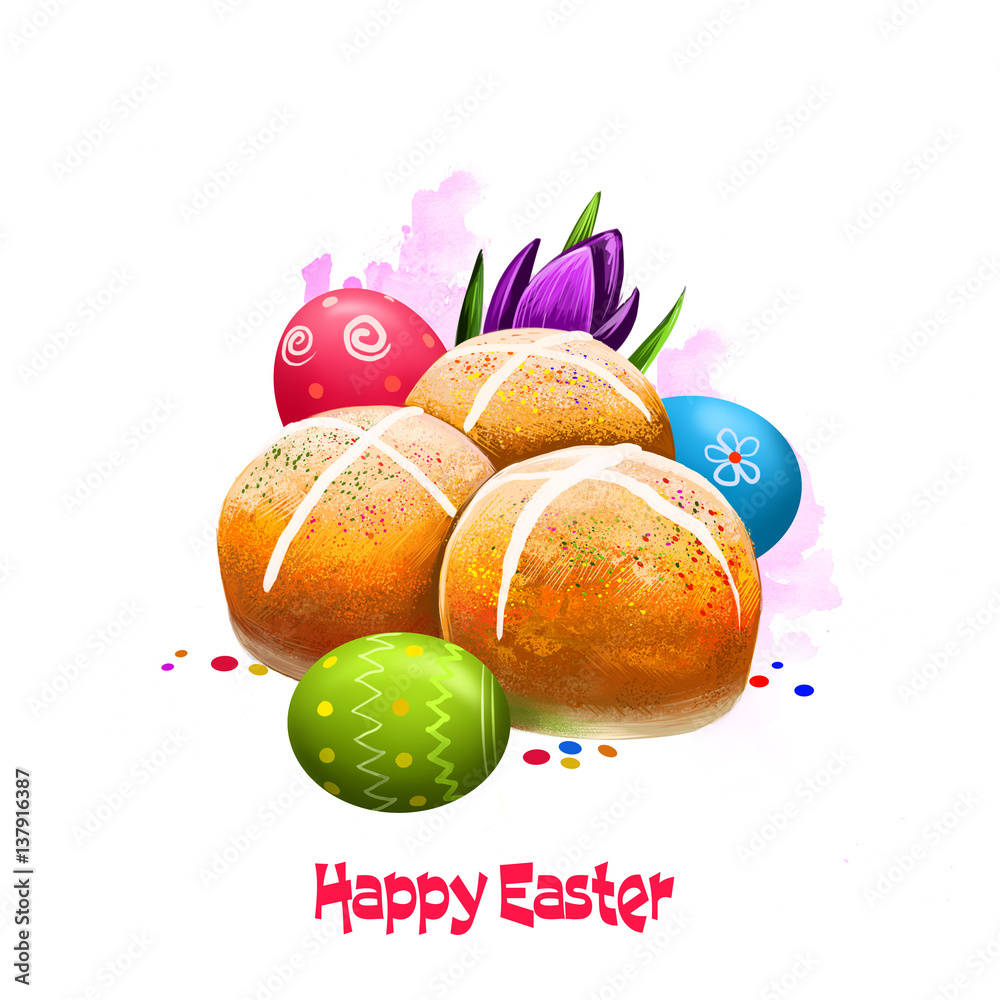 Happy Easter digital banner. Spring tulips and decorated easter eggs ...