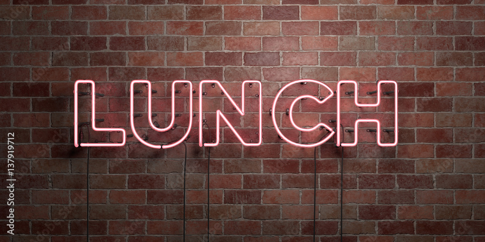 LUNCH - fluorescent Neon tube Sign on brickwork - Front view - 3D ...