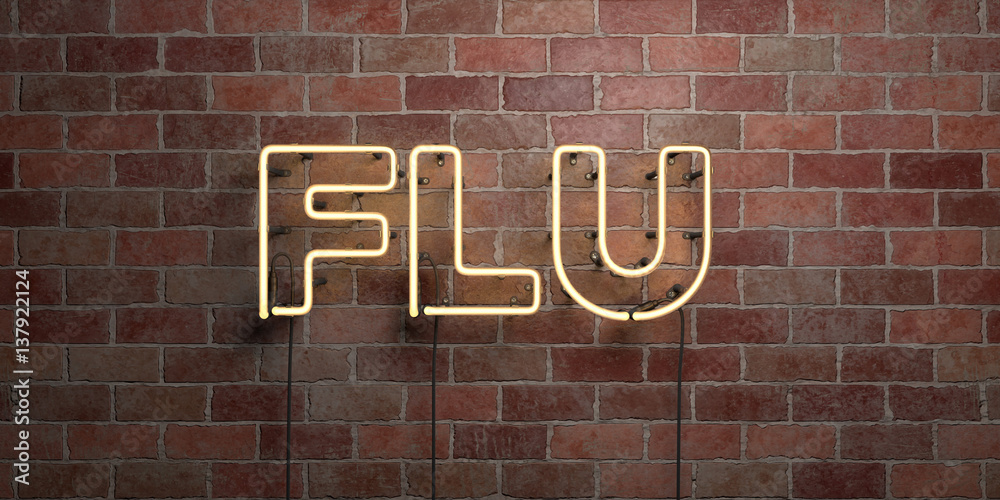 FLU - fluorescent Neon tube Sign on brickwork - Front view - 3D ...